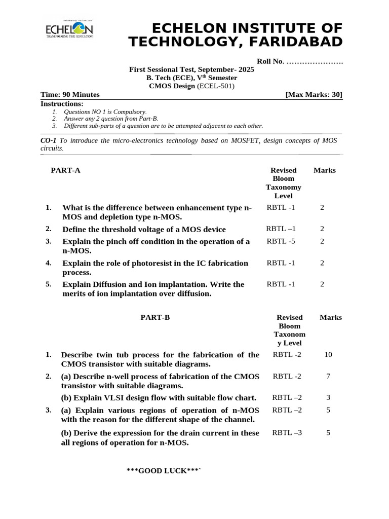 CMOS 1st Sessional Paper | PDF | Mosfet | Cmos