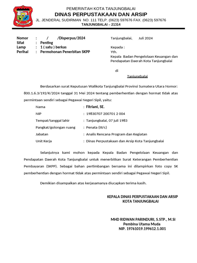 Permohonan SKPP Dinas Perpustakaan Tanjungbalai | PDF
