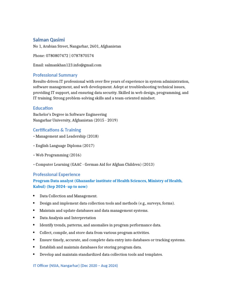 Salman Qasimi Resume | PDF | Web Development | Databases