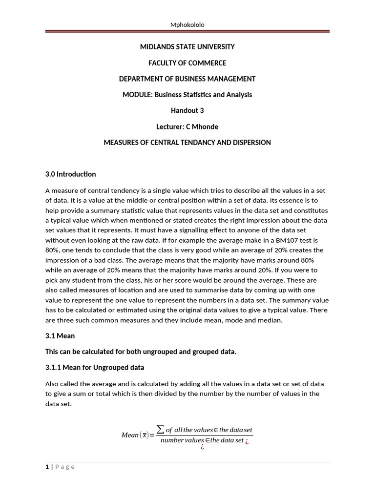 Handout 3 Measures of Central Tendency and Dispersion | PDF | Skewness ...