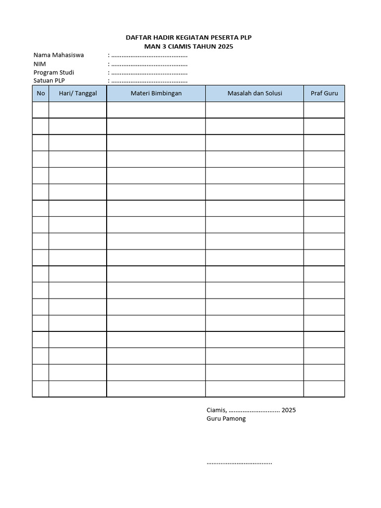 Daftar Kehadiran Mahasiswa PLP 2025 | PDF