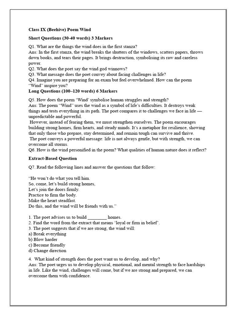 Class IX Poem "Wind" Study Guide | PDF