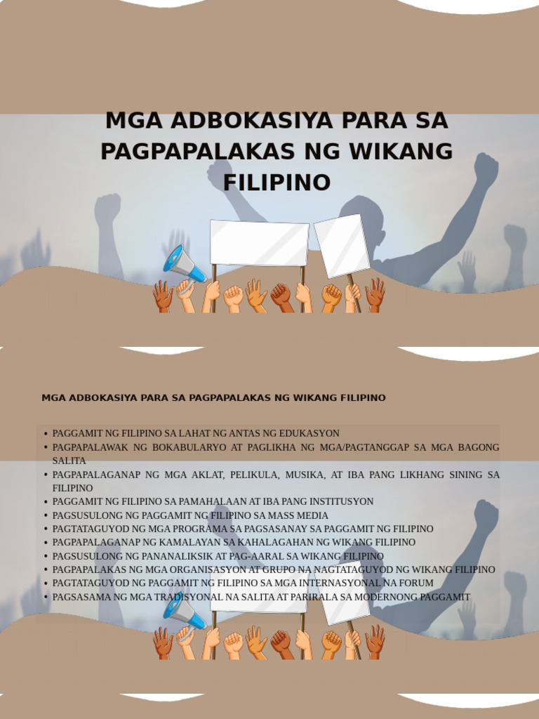 Mga Adbokasiya para Sa Pagpapalakas NG Wikang Filipino | PDF