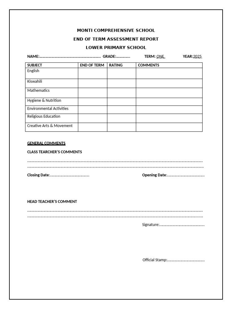 Lower Primary Term 1 Assessment Report | PDF