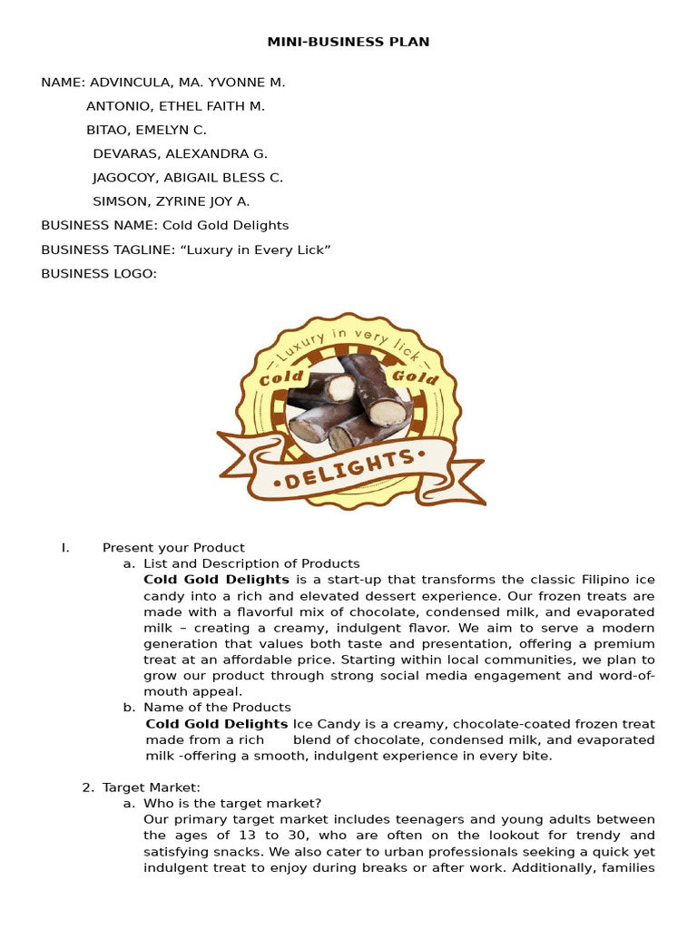 Cold Gold Delights Mini Business Plan | PDF | Cost Of Living | Sales