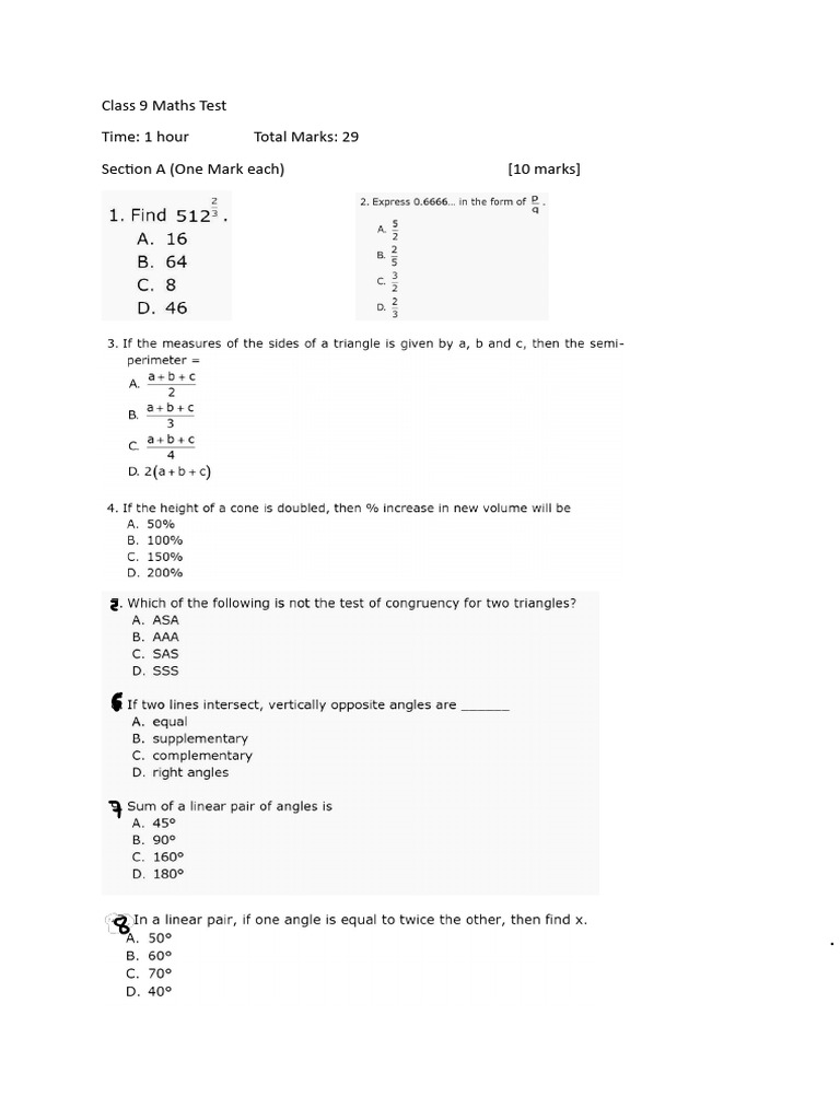 Class 9 Maths Test | PDF