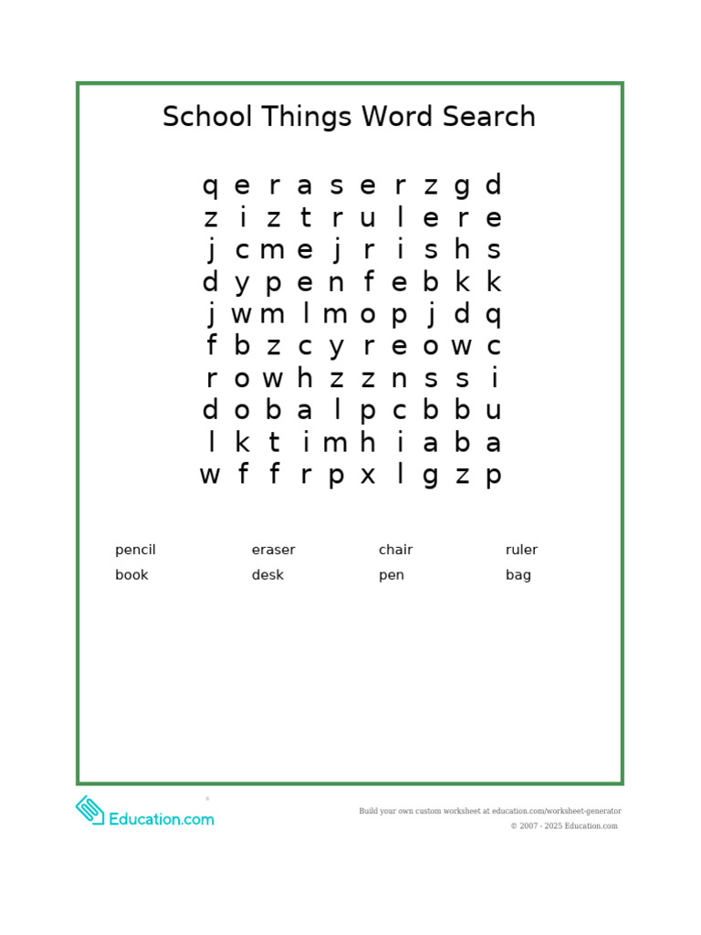 School Things Word Search Worksheet | PDF