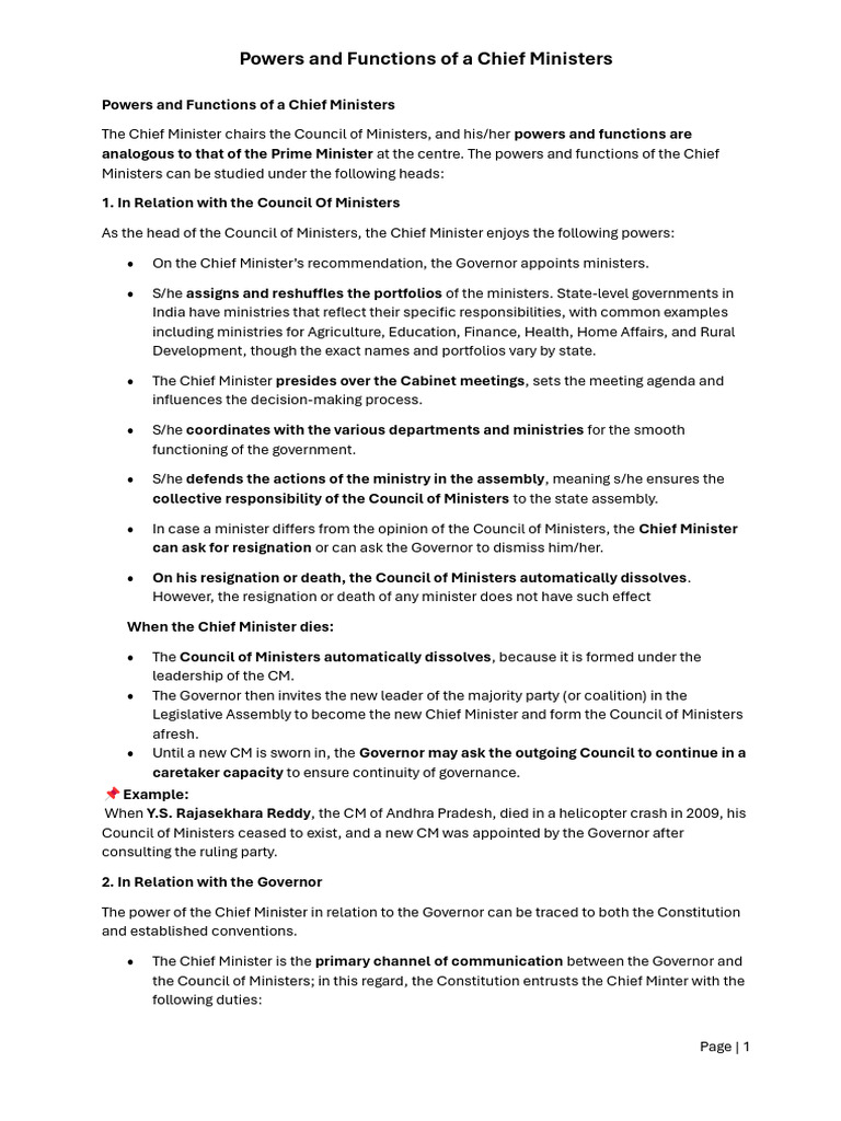 Powers and Functions of A Chief Ministers | PDF | Cabinet (Government ...