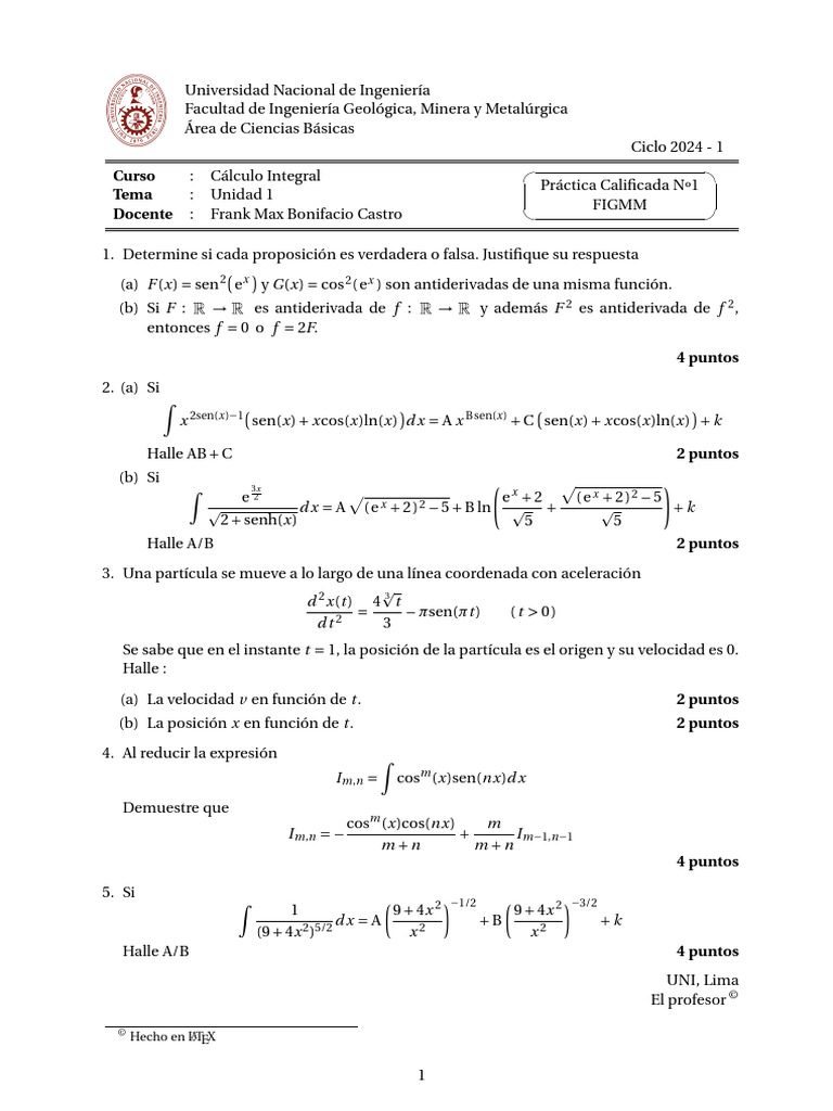 Práctica de Cálculo Integral UNI 2024 | PDF | Zona | Funciones y mapeos