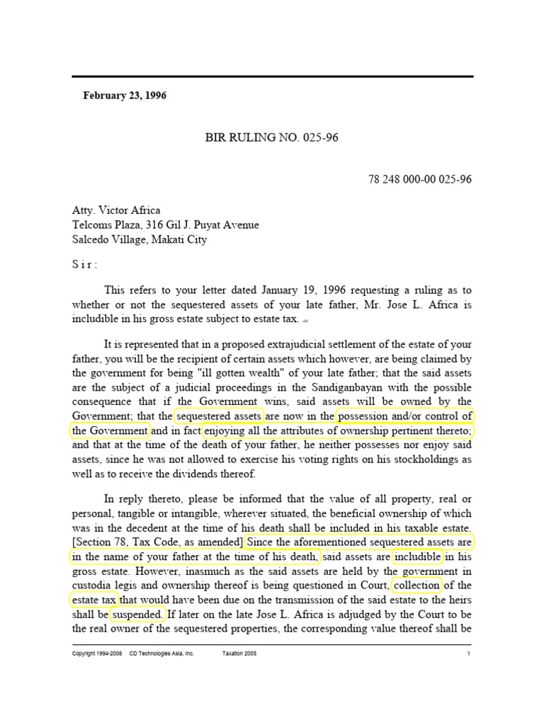 BIR Ruling 25-96 (Sequestered Assets) | PDF | Estate Tax In The United ...