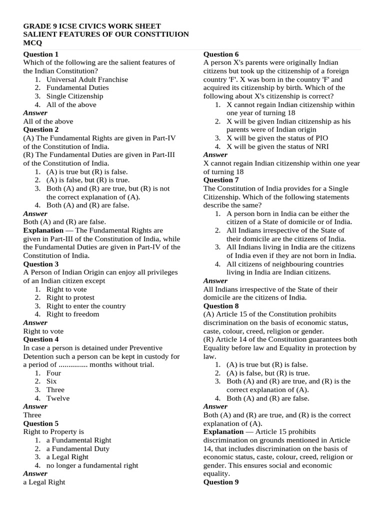 Grade 9 ICSE Civics: Indian Constitution MCQs | PDF | Habeas Corpus ...