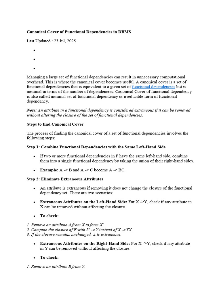 Canonical Cover in DBMS Explained | PDF | Information Technology ...