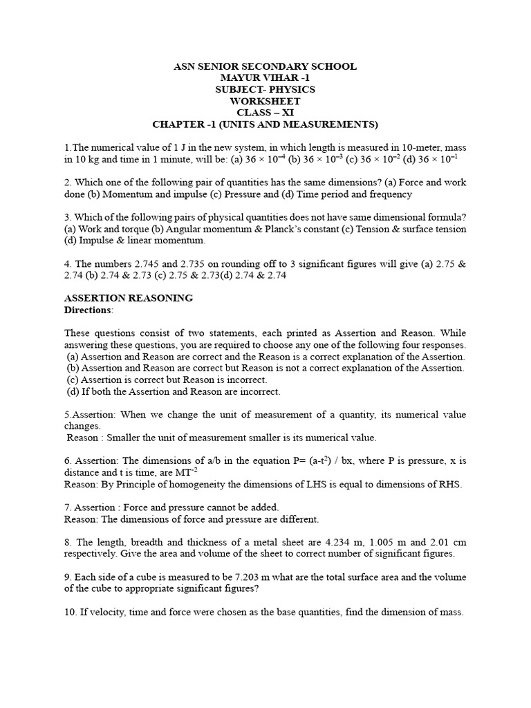 Class XI Physics Worksheet: Units & Measurements | PDF | Significant ...