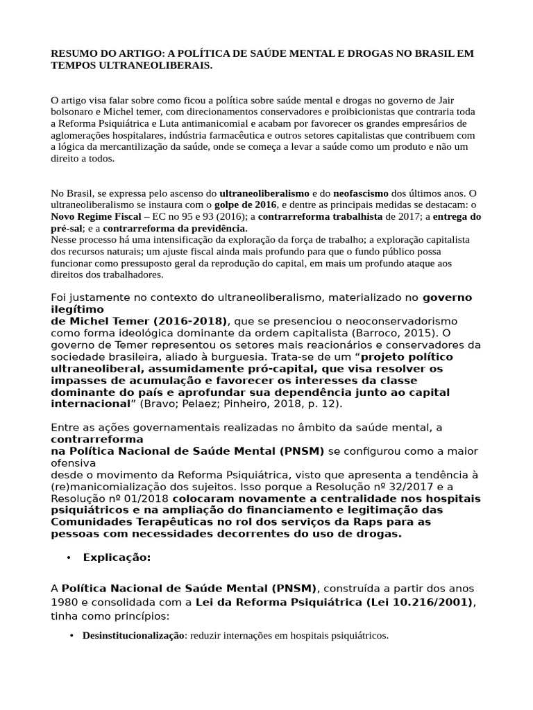 PNAD No Brasil em Tempos Ultraneoliberais (RESUMO) | PDF | Saúde mental