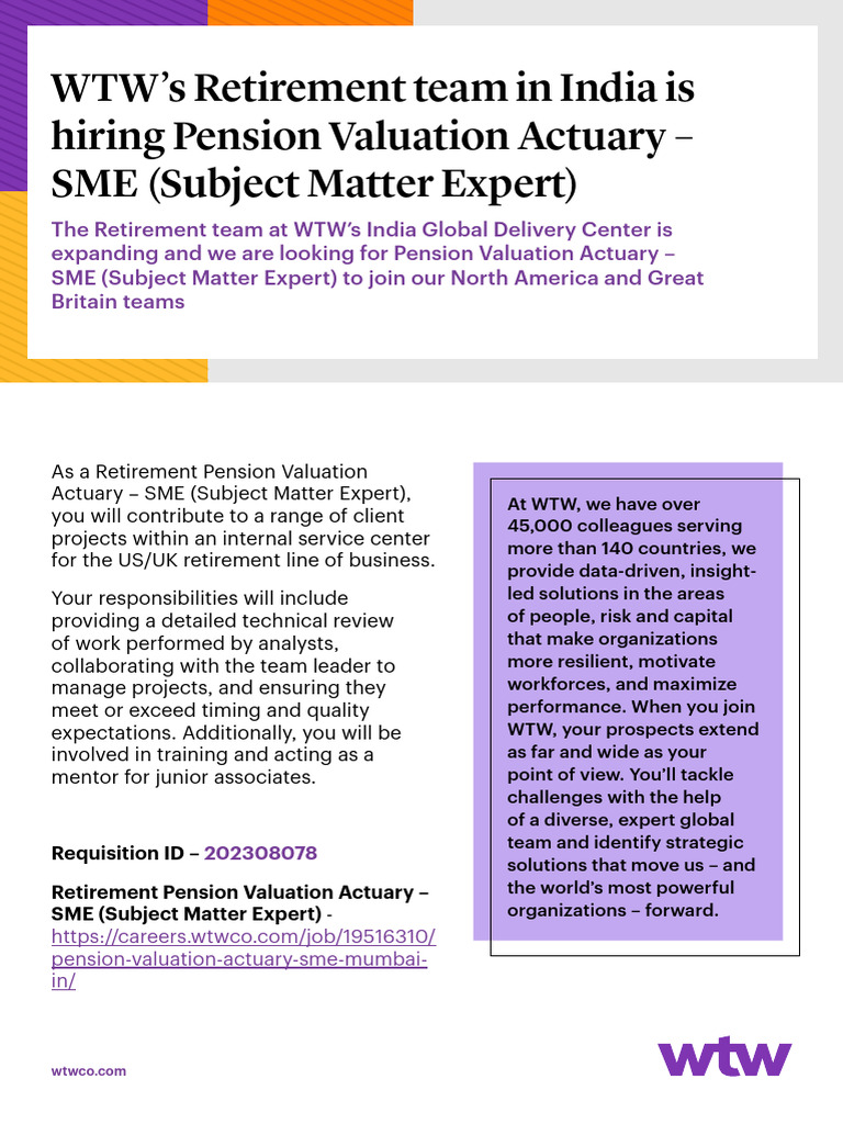 WTW - Advertisement For Actuarial Vacancies - 0 | PDF