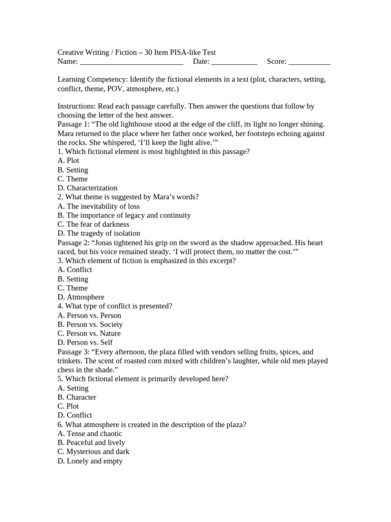 Fiction Elements Assessment Test | PDF