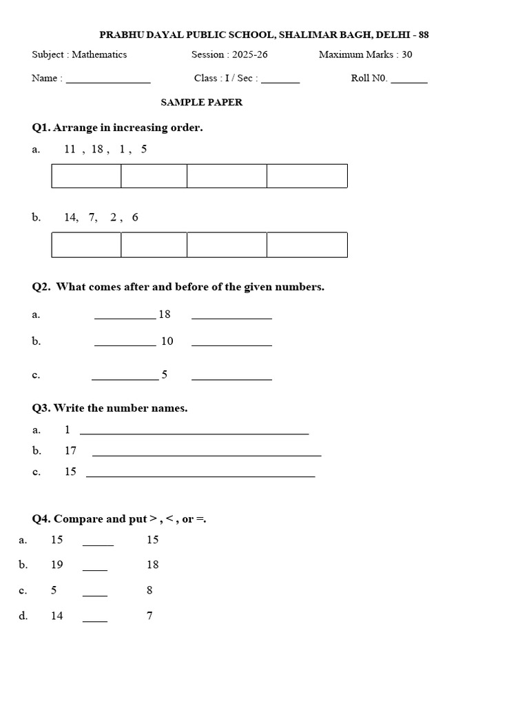 Class I Math Sample Paper | PDF