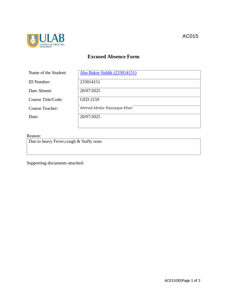 Excuse Absence Form - Abids Course | PDF