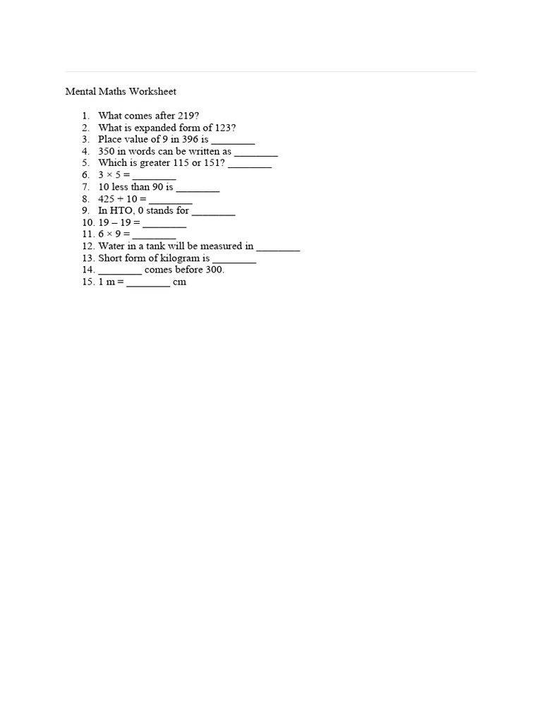 Mental Maths Practice Worksheet | PDF