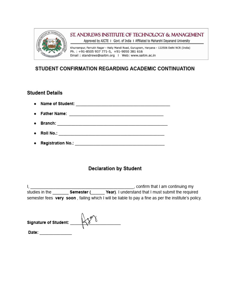 Student Continuation Form | PDF