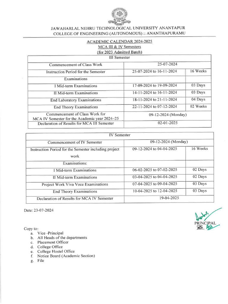 Academic Calendar-mca-III & IV Sem (A.y. 2024-2025) | PDF