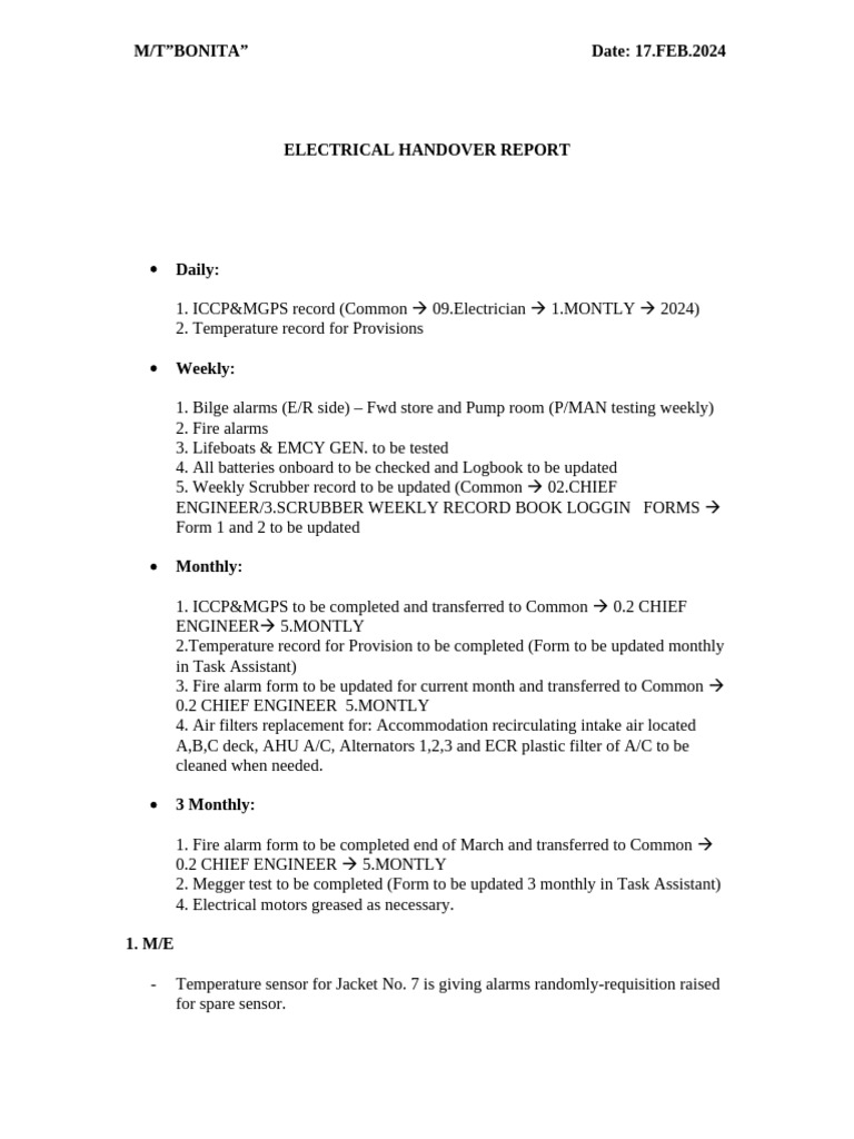 Electrical Handover Report for M/T Bonita | PDF | Equipment ...