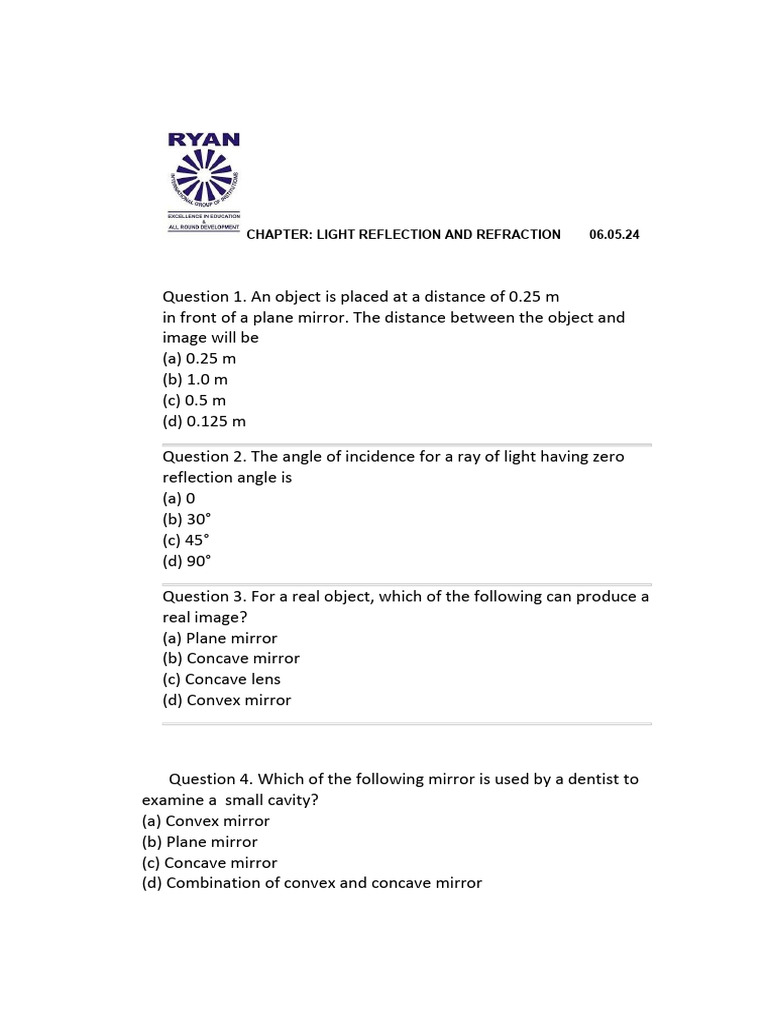 Light Reflection and Refraction Quiz | PDF