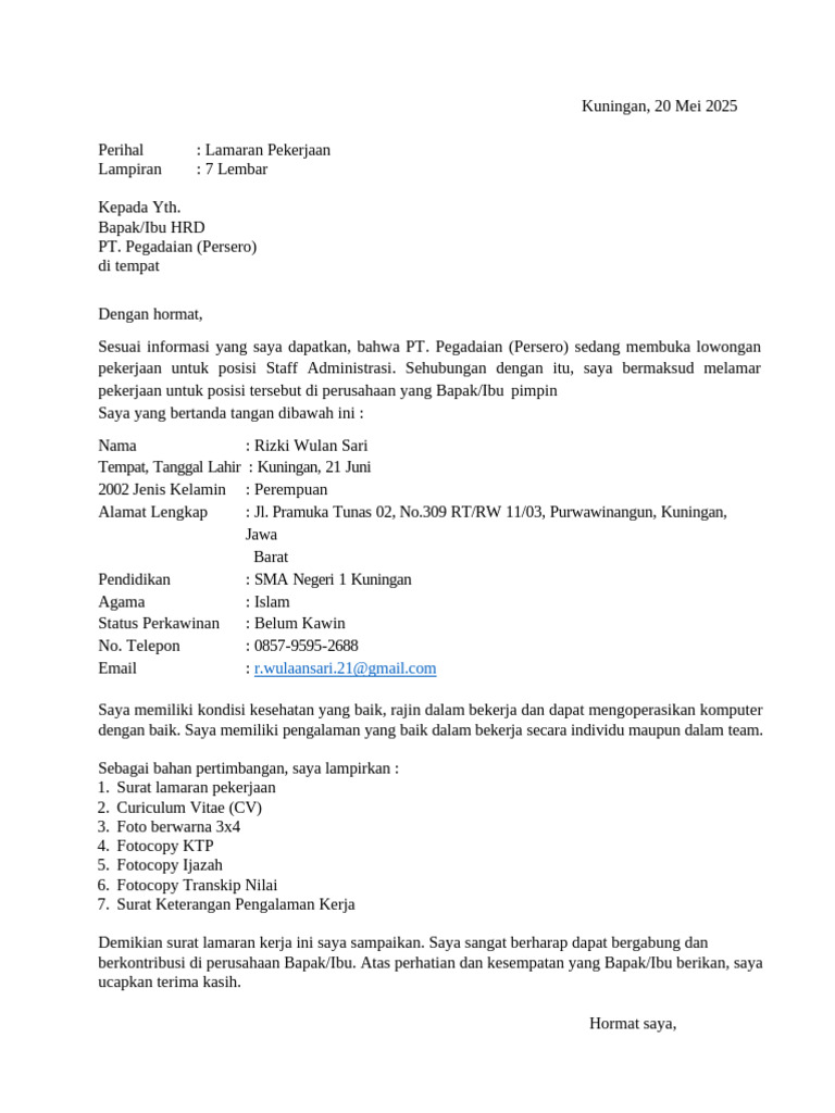 Rizki Wulan Sari - CV Pegadaian | PDF