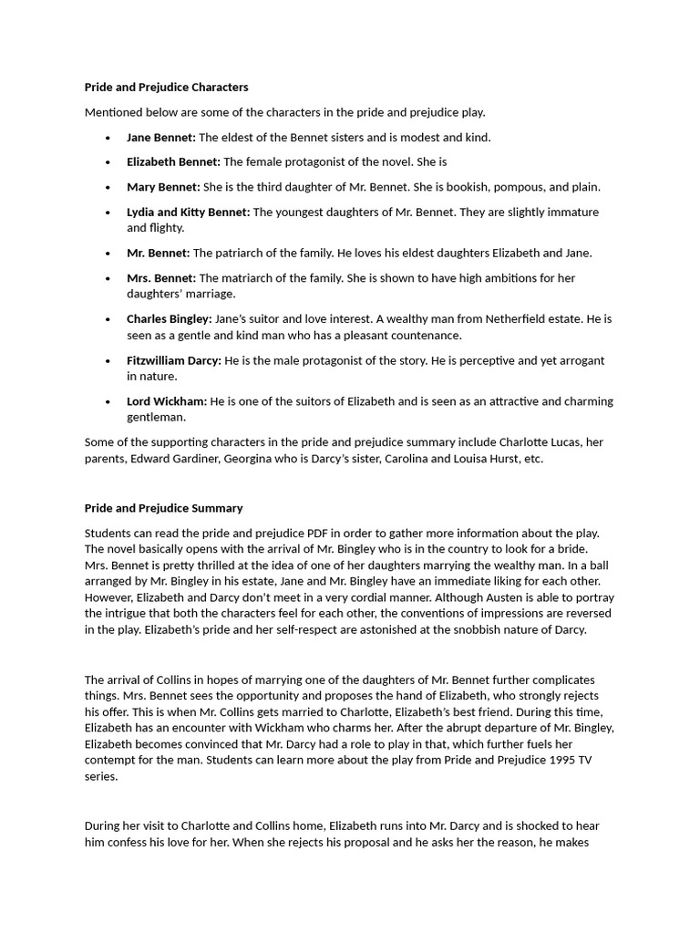Key Characters in Pride and Prejudice | PDF | Pride And Prejudice | Mr ...