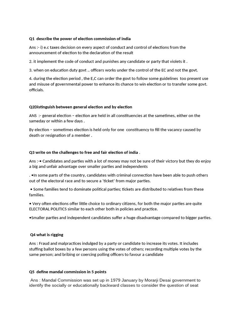 Q1 Describe The Power of Election Commission of India | PDF | Elections ...