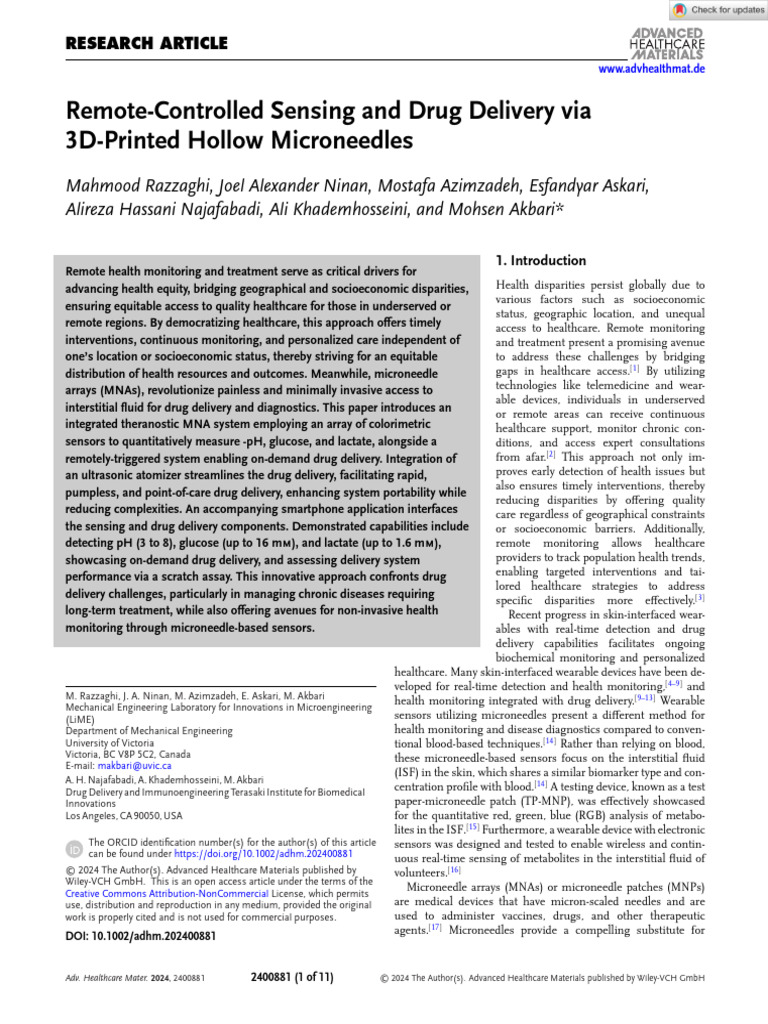 Adv Healthcare Materials - 2024 - Razzaghi - Remote Controlled Sensing and Drug Delivery Via 3D ...