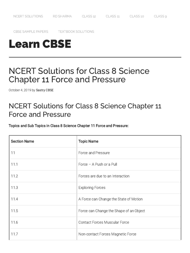 NCERT Solutions for Class 8 Science Chapter 11 Force and Pressure - Learn CBSE | PDF | Force ...