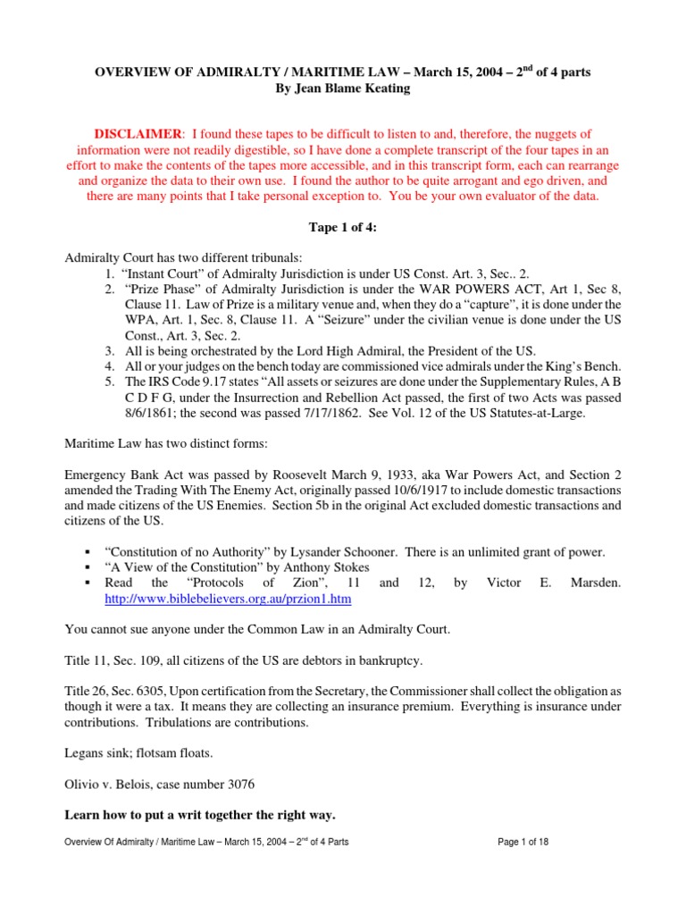 Overview of Admiralty Maritime Law March 15 2004 Jean Keating | PDF ...