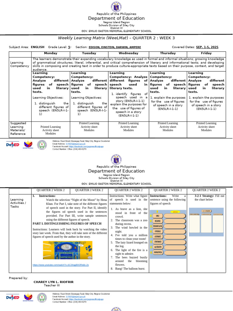 Weekly Learning Matrix: English Grade 5 | PDF | Learning | Cognition