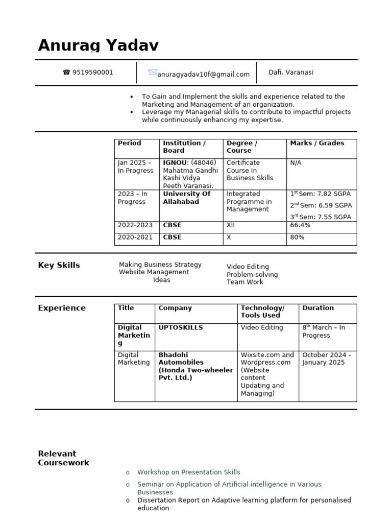 CV / Resume For Bba Mba Student | PDF | Learning | Cognition