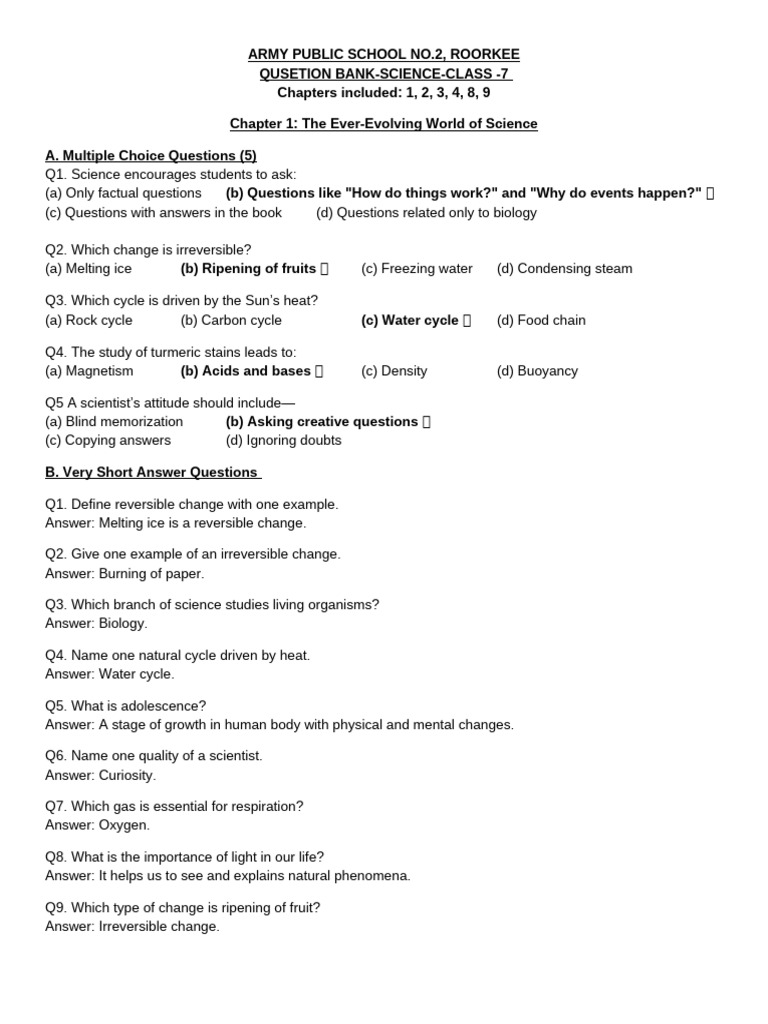Class7 - Science - QuestionBank - Ch1 2 3 4 8 9 | PDF | Digestion | Metals