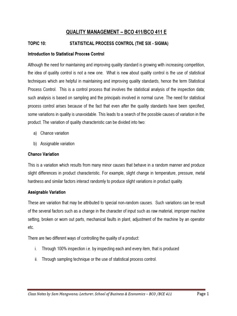 Quality Management Topic 10 Notes | PDF | Six Sigma | Standard Deviation