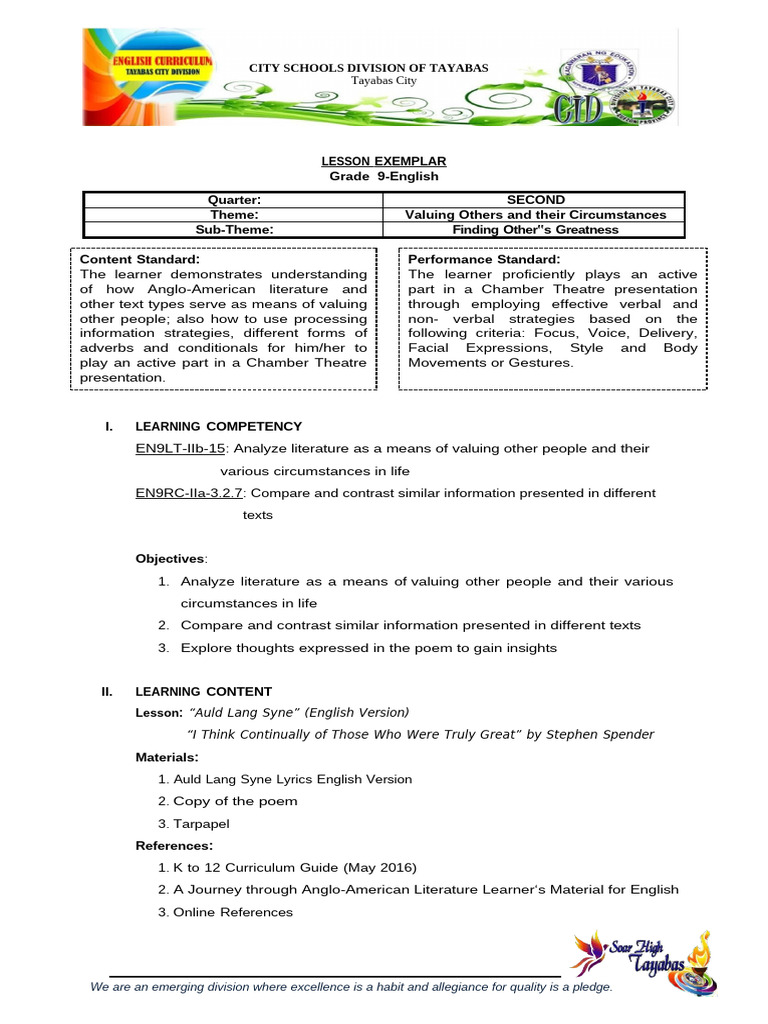 G9 English Lesson Exemplar 2nd Quarter | PDF | Narrative | Infographics