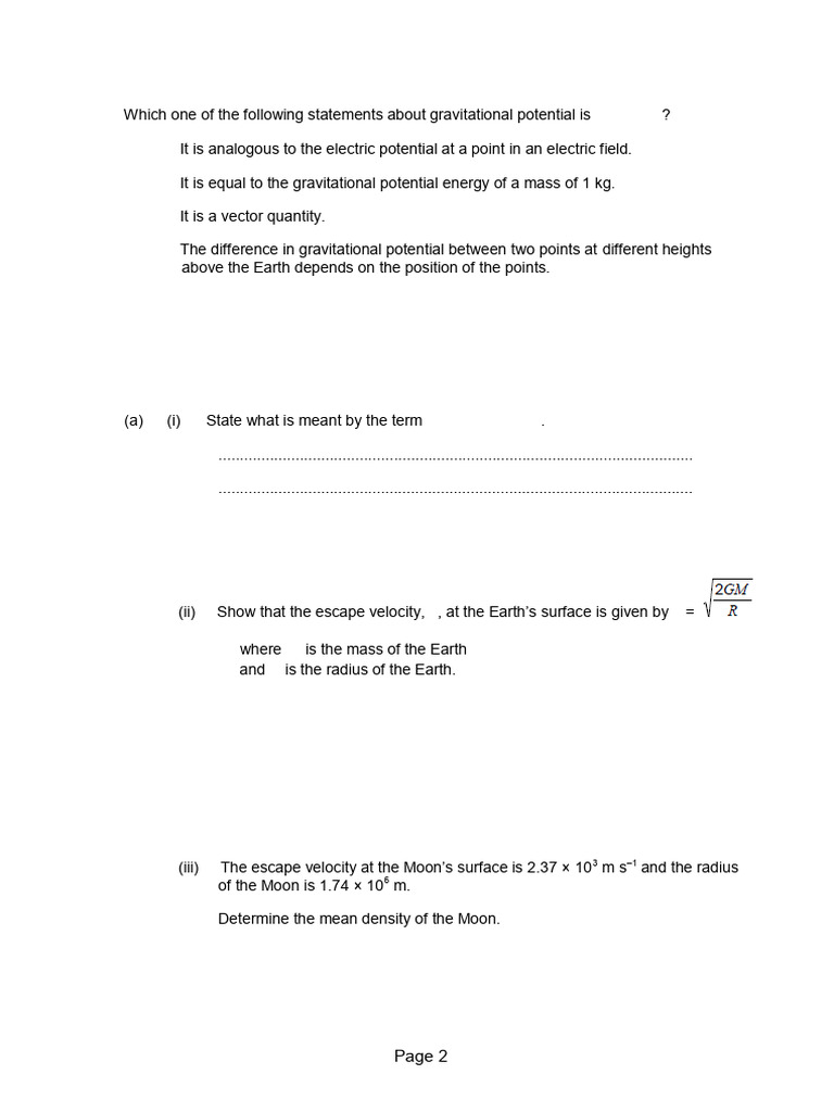 Gravitational Potential QP | PDF | Potential Energy | Mass