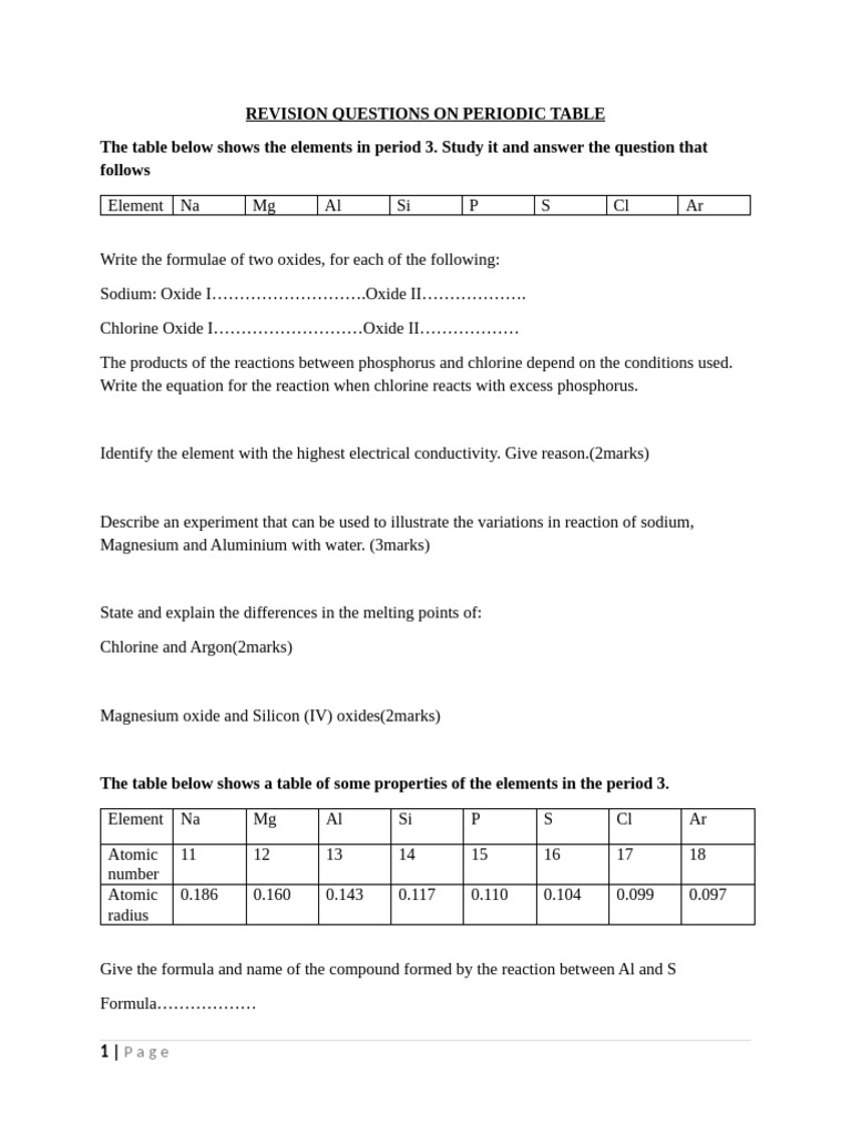 Periodic Table Questions. | PDF | Chlorine | Magnesium