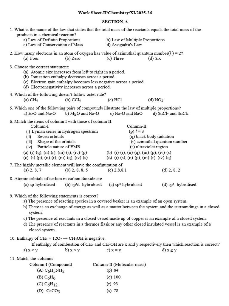 Important Questions for Chemistry XI Chapter 3 | PDF | Chemistry | Atoms