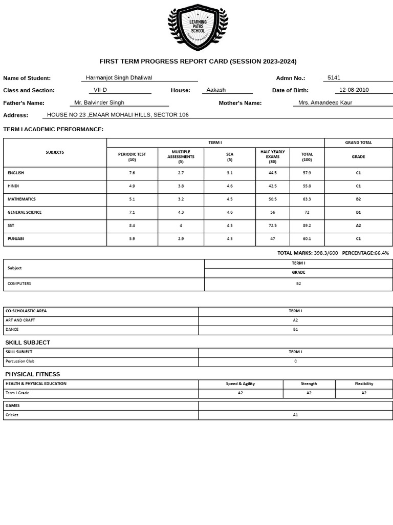 Half Yearly Report Card: Harmanjot Singh | PDF