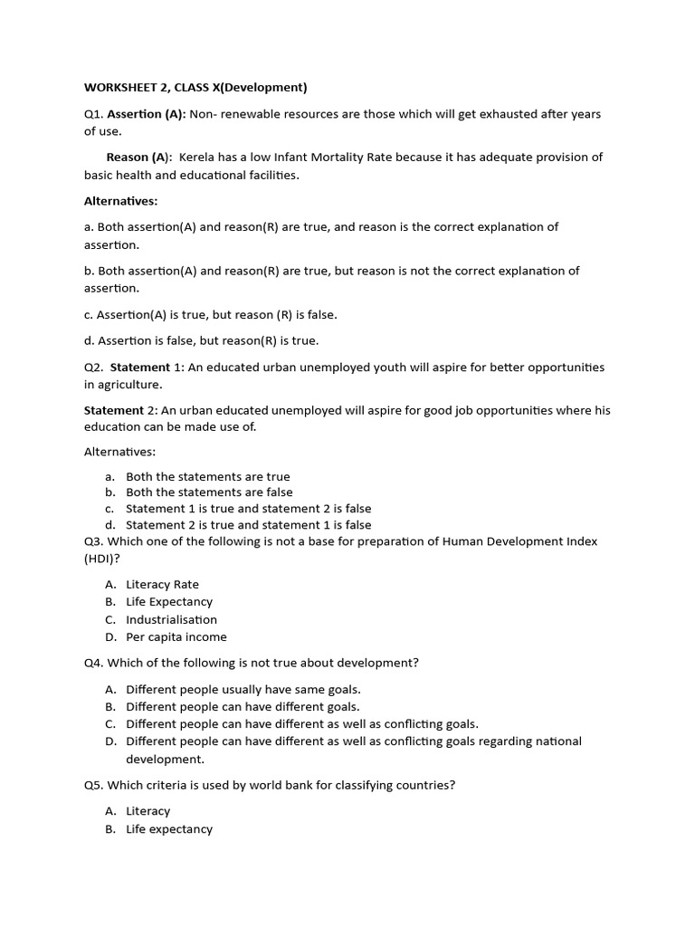 WORKSHEET 2, Class 10 (Developmant) | PDF | Reason | Human Development Index