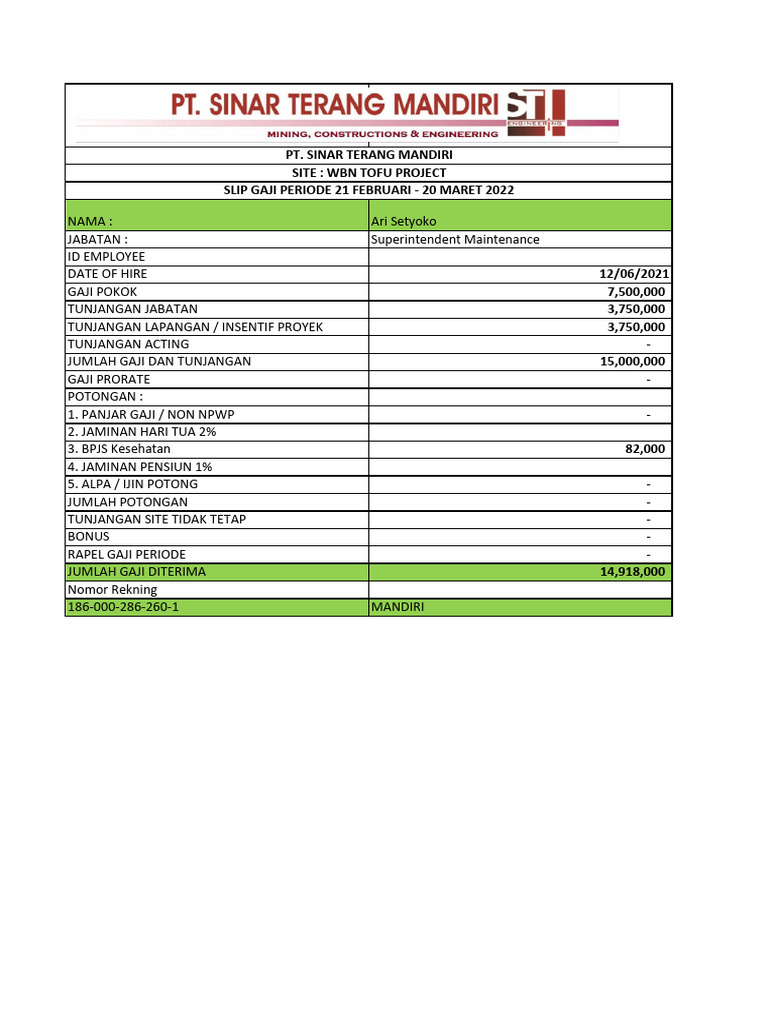 Slip Gaji Ari Setyoko Maret 2022 | PDF