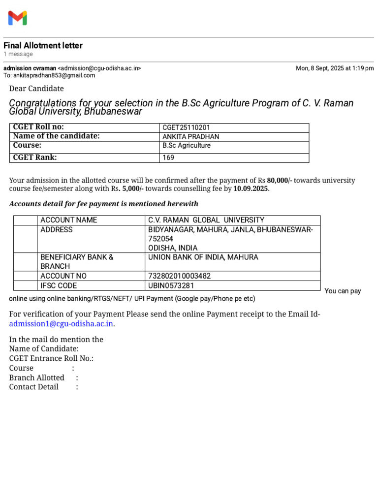 CV Raman Allotment Letter | PDF