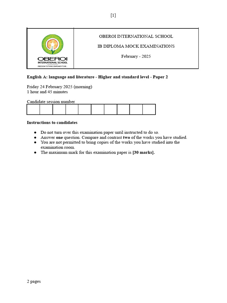IB Diploma Mock Exam: English A Paper 2 | PDF