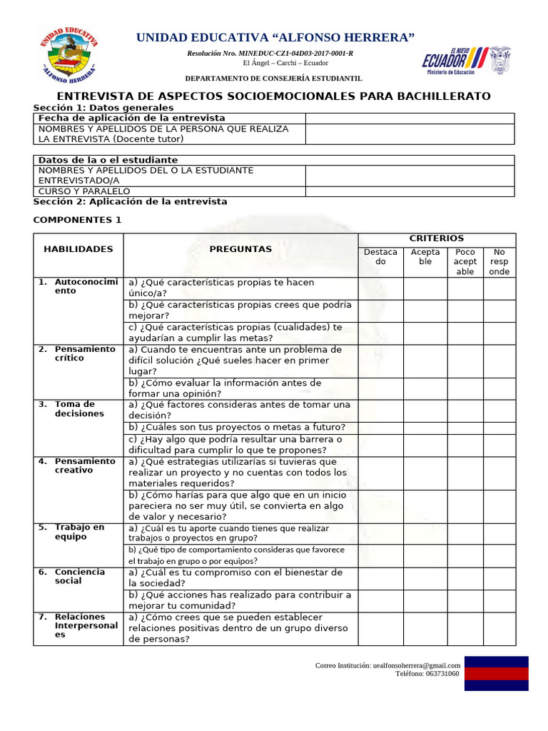 Entrevista de Aspectos Socioemocionales para Bachillerato | PDF | Pensamiento | Psicología Social