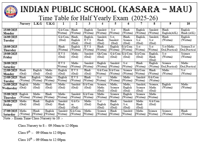 IPS Kasara Half Yearly Exam Timetable | PDF