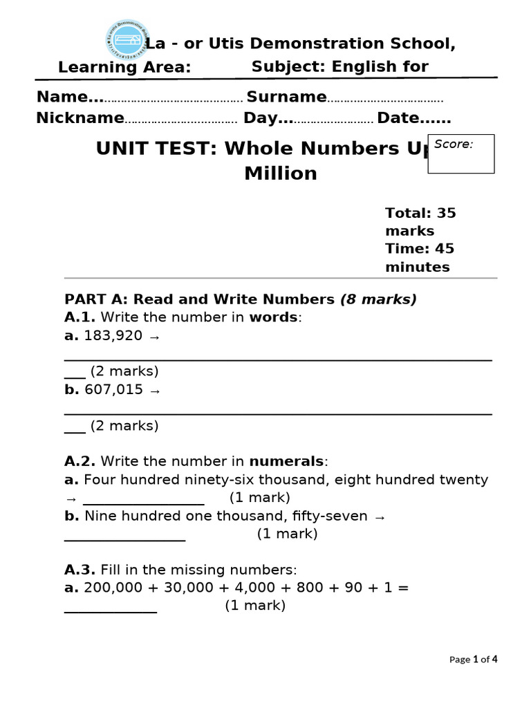 Unit Test on Whole Numbers for Grade 4 | PDF | Mathematics