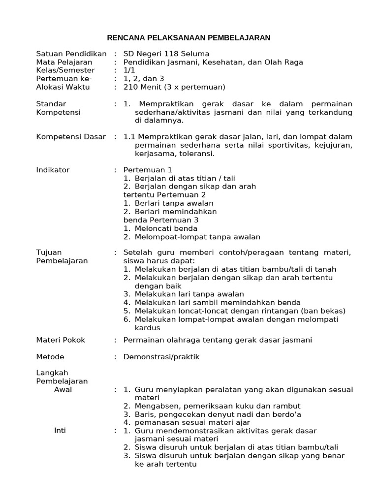 RPP Penjas SD Kelas 1 6 Semester 1 | PDF